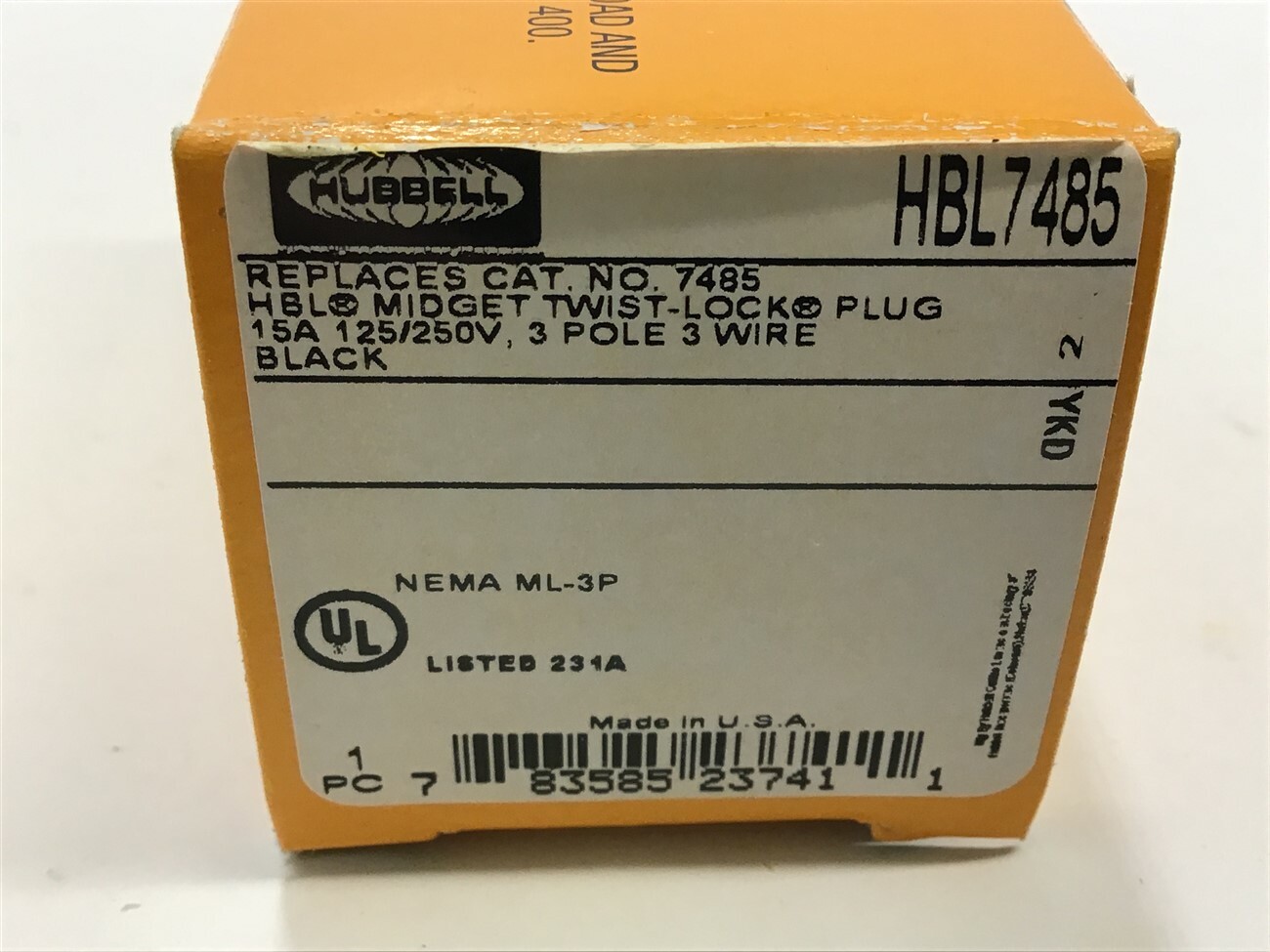 Hubbell HBL7485 Midget Twist-Lock Plug 15A 125/250V 3 pole 3 wire Black ...