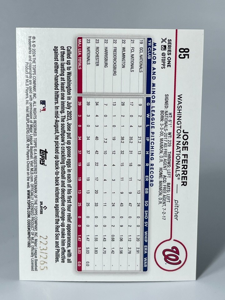 2024 Topps JOE FERRER Nationals Rookie #85 rc Hobby Foilboard 223/265 ...