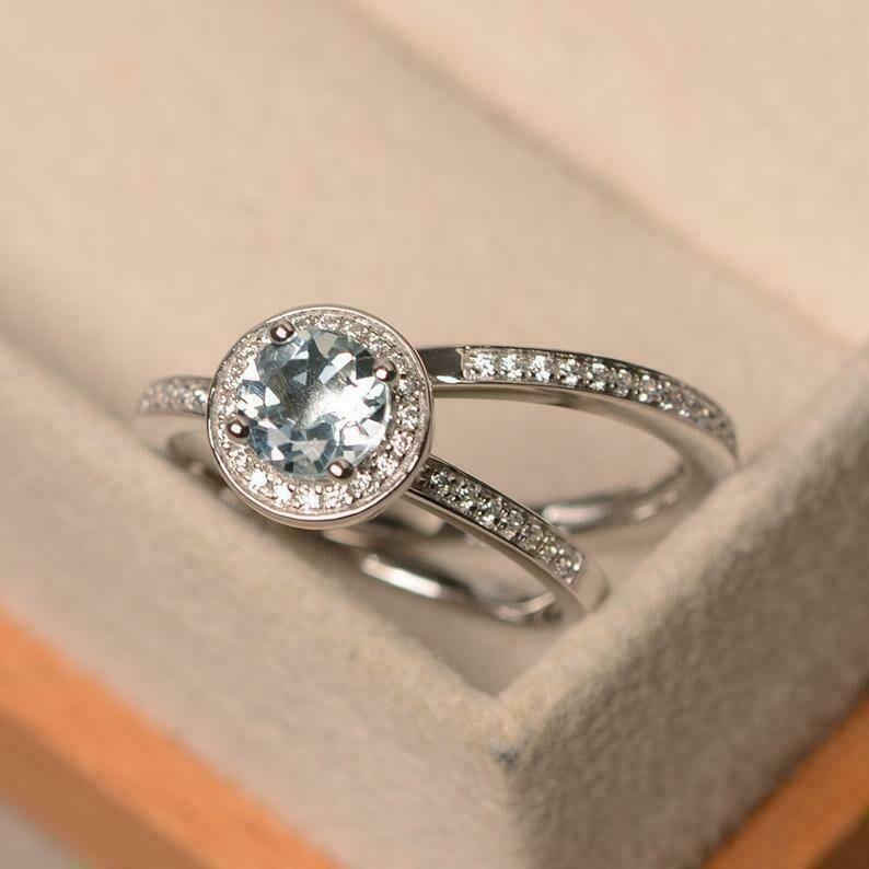 2ct Simulated Engagement Ring Round Aquamarine Bridal Set White Gold ...