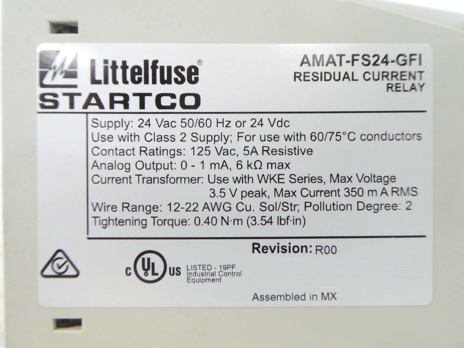 Littelfuse AMAT Fs24 GFI 24 VAC Residual Current Relay Ground Fault ...