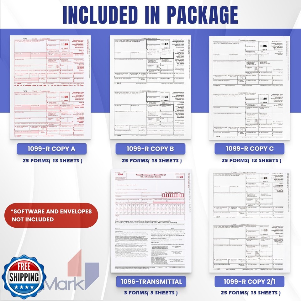 1099-R Tax Forms 2025 (distributions) 25 Sets of 4-Part, Laser Forms ...