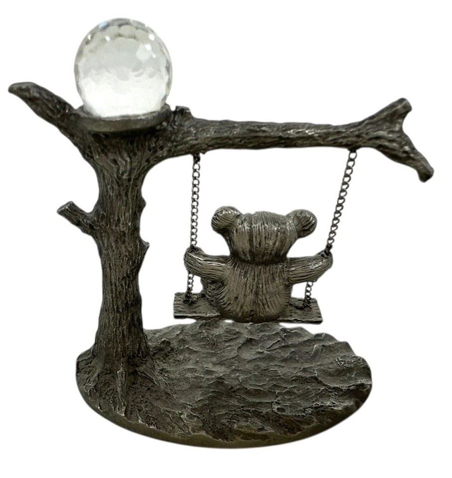 Vintage Spoontiques Pewter Teddy Bear On A Swing With Glass Prism 2.5 ...