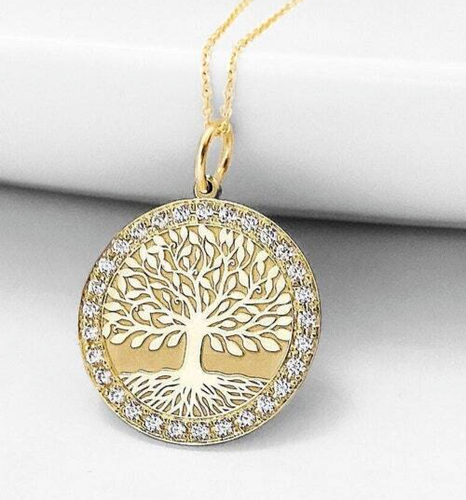 2 Ct Round Cut Real Moissanite Tree of Life Coin Pendant 14K Yellow ...