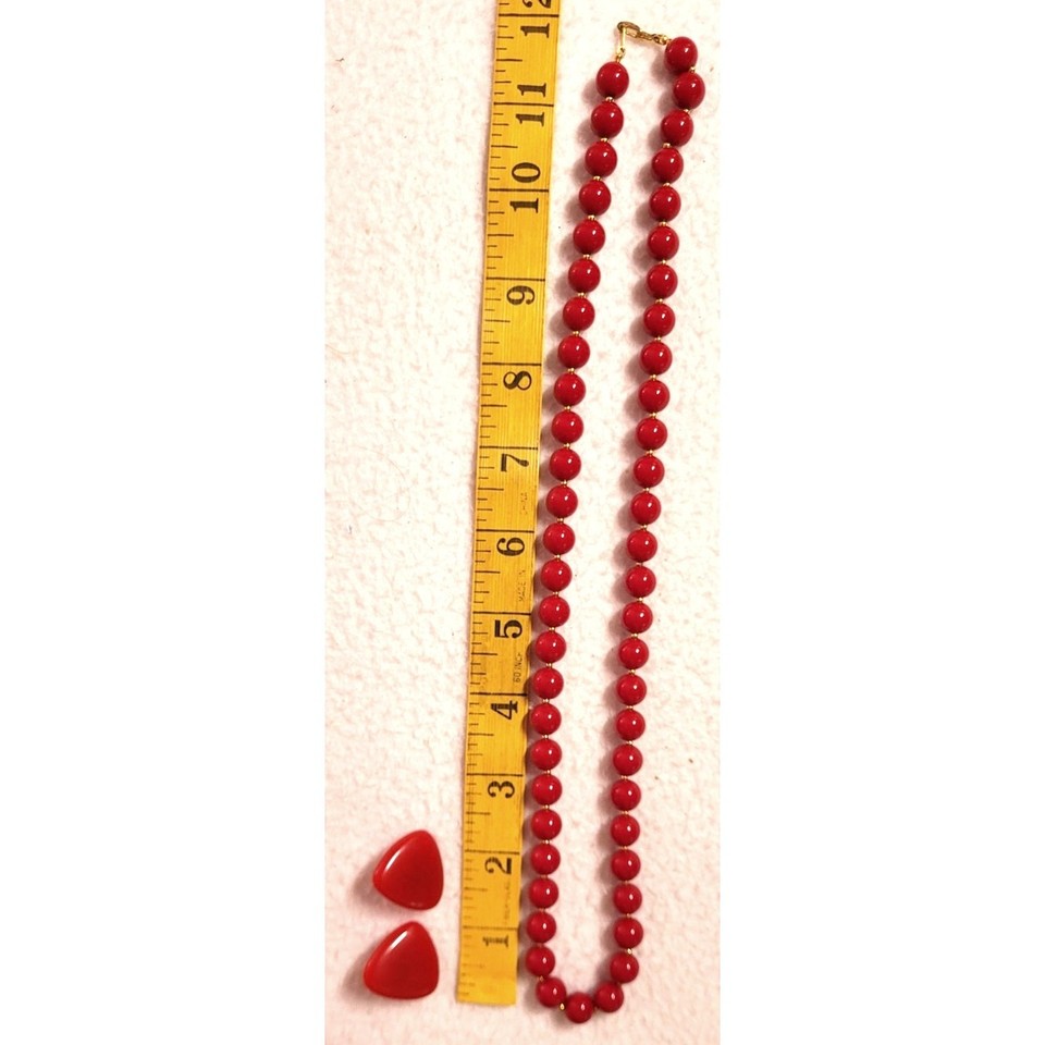 Vtg Red Beaded 24" Long Necklace Gold Spacers Reuleaux Triangle Pierced ...