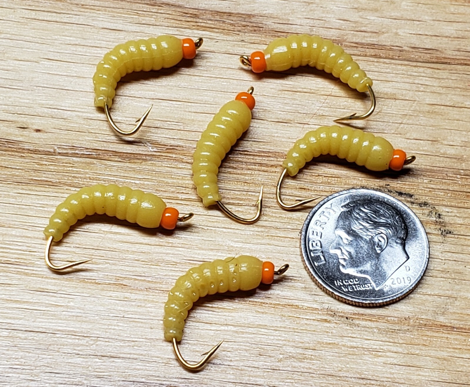 6 - #12 ORG BH Grub Worms Mustard Yellow Wet Fly - Trout, Crappie, Pan ...