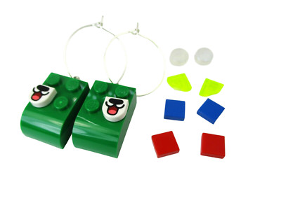 1 Set - Green 2x2 Slope Lego Brick Happy Dog Hoop Earrings, 2" Drop ...