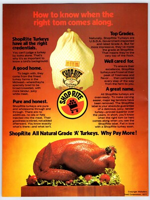 1977 SHOPRITE TURKEYS FOR THANKSGIVING Vintage 8"X11" Magazine Ad 1970 ...