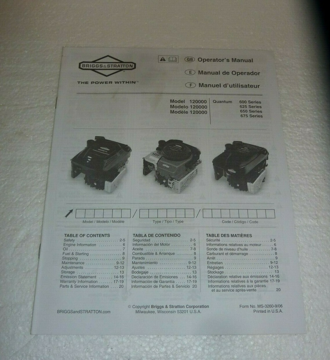 Briggs & Stratton Quantum Series Model 120000 Operator's Manual M-3 | eBay