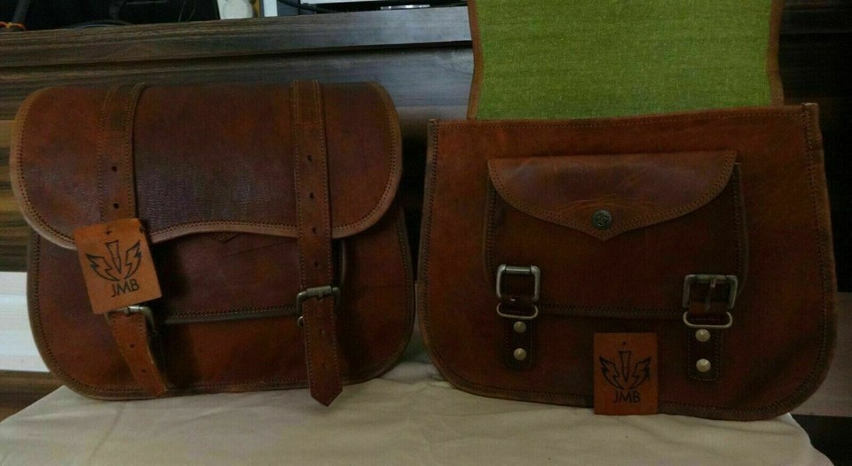 1 Pair Genuine Brown Leather Saddle Bag Motorcycle 2 Side Bag Panniers ...