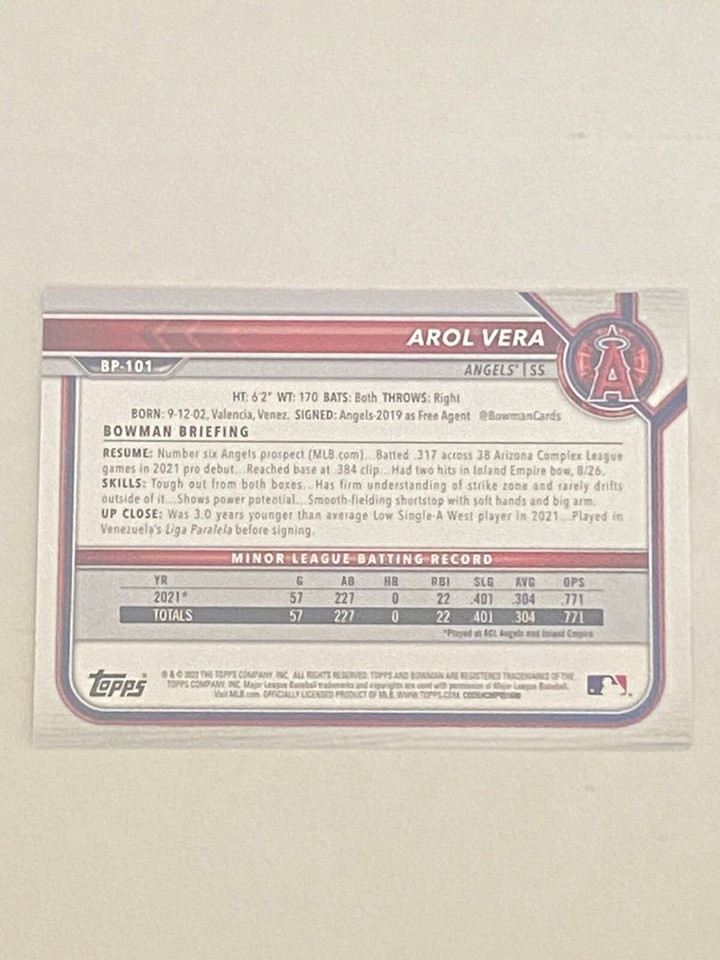 2022 Bowman Arol Vera Neon Green Paper /399 SP Los Angeles Angels ...