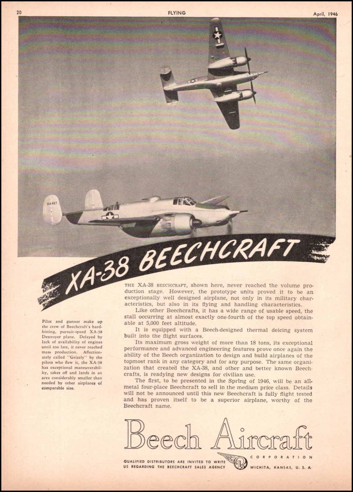 1946 vintage aircraft AD BEECHCRAFT XA-38 Grizzly WW2 experimental 75mm ...
