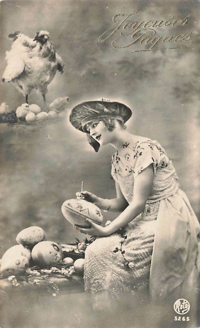 c1910 RPPC Fantasy Woman Decorates Egg Hat Chicken Real Photo Easter ...