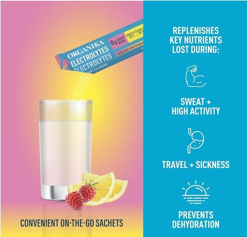 Organika Canadian-Made Electrolytes Powder- Pink Lemonade Sachets- On ...