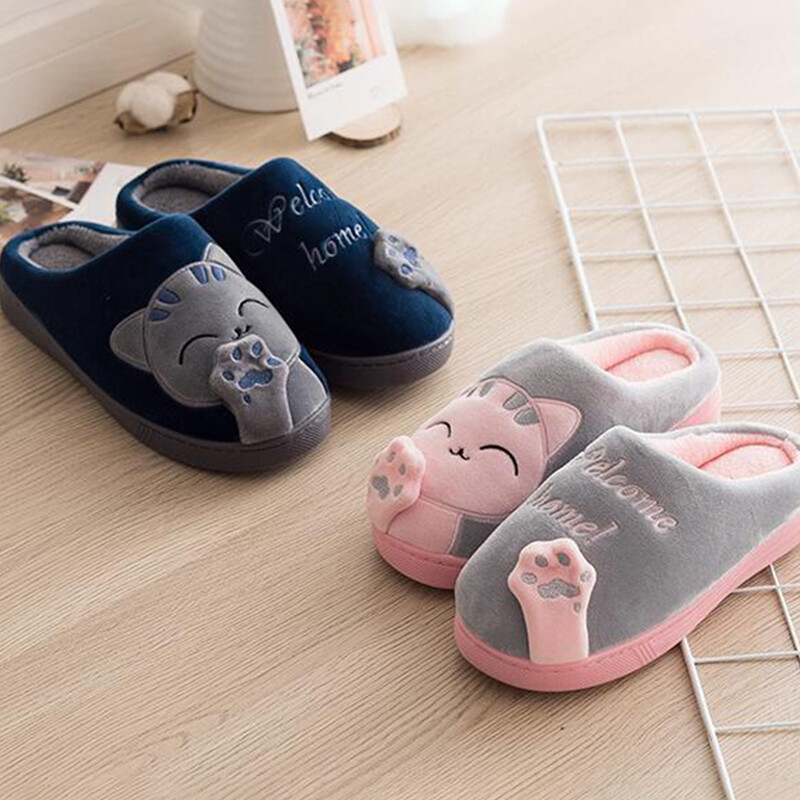 Unisex Cute Cat Plush Slippers Indoor Winter Warm Soft Anti-Slip House ...