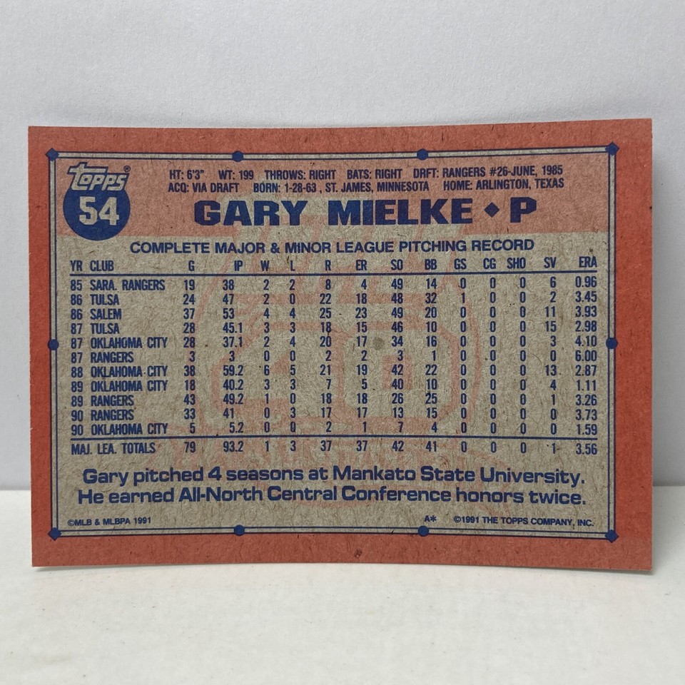 1991 Topps #54 Gary Mielke Rangers | eBay