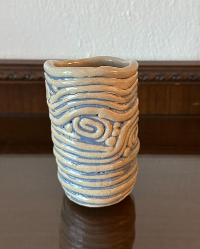 Artist Signed Pottery Earthenware Coil Ceramics Vessel Cup Blue Tan 4. ...