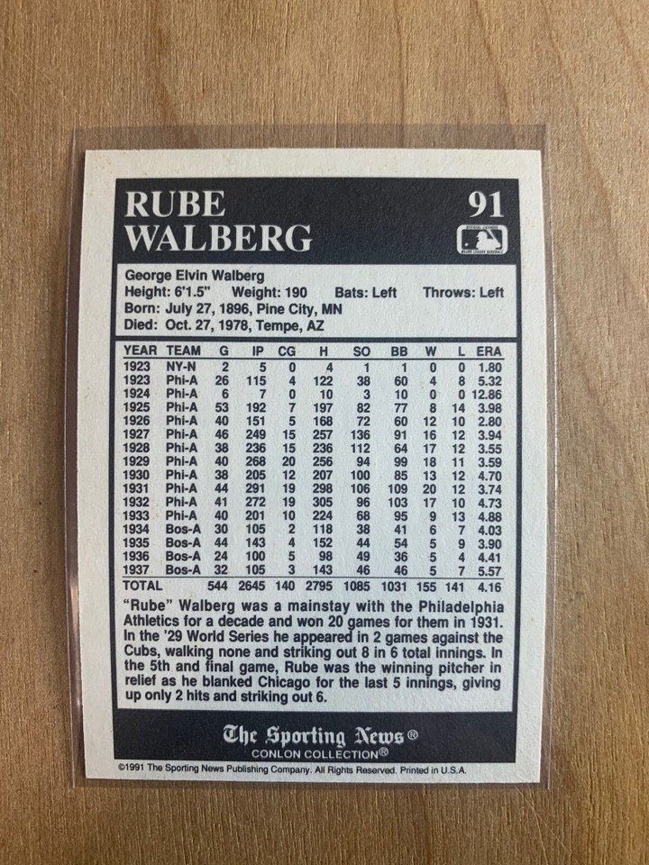 Rube Walberg 1991 Conlon Collection Base #91 | eBay