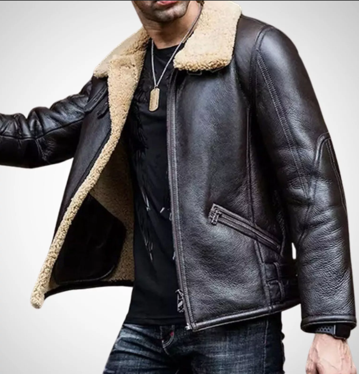 Men's RAF Aviator Bomber Leather Jacket B3 Flying Sheepskin Shearling ...