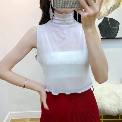 Women Mesh Sleeveless Turtleneck Tank Top Extender Slim Fitted T Shirt ...
