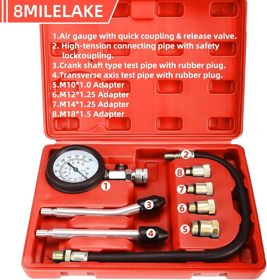 8 Pack Petrol Engine Cylinder Compression Tester Kit Gauge Tool ...