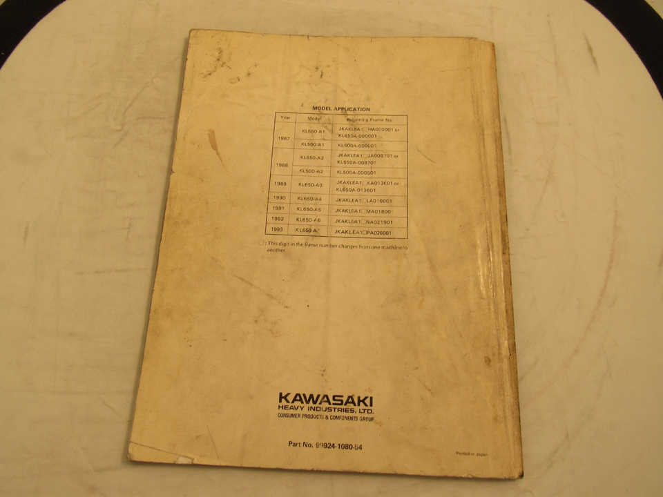 1987-1993 KAWASAKI KLR650/KLR500 MOTORCYCLE SERVICE MANUAL/ PART# 99924 ...