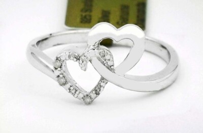 GENUINE NATURAL DIAMONDS DOUBLE HEART RING .925 Sterling Silver - New ...
