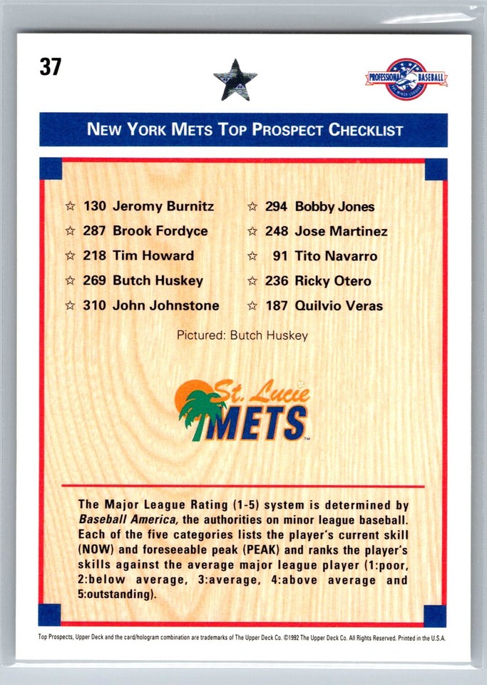 1992 Upper Deck Minor League Butch Huskey Rookie Checklist New York ...
