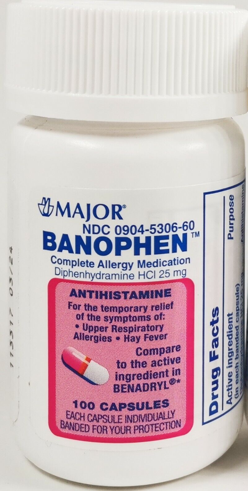 Major Banophen 25mg Diphenhydramine 100 Capsules (pack of 8) EXP:07/ ...