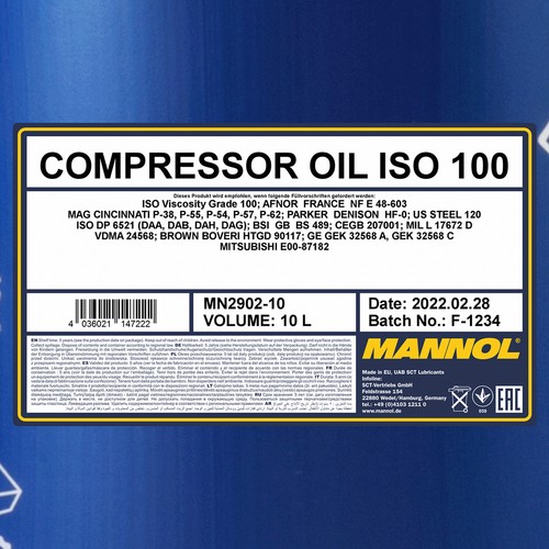 10 (1x10) Liter MANNOL Compressor Oil ISO 100 - DIN 51506 VBL, VCL, VDL ...