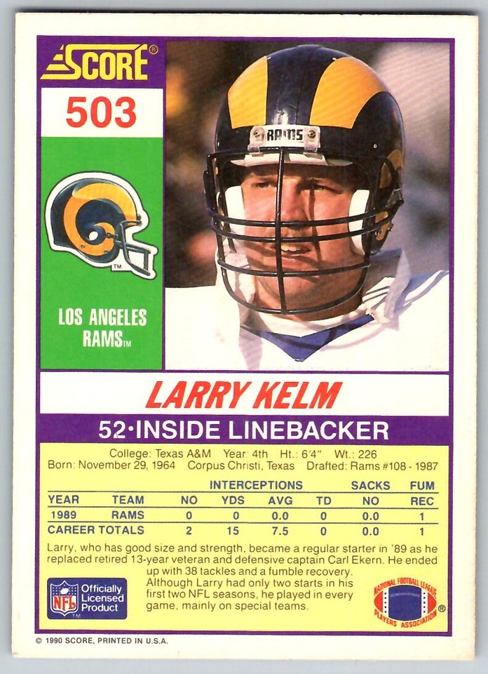 1990 SCORE LARRY KELM RC LOS ANGELES RAMS #503 | eBay