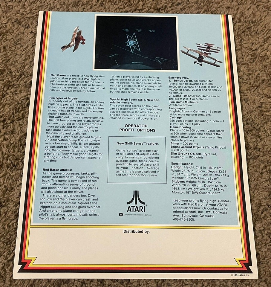 Original 1981 Atari RED BARON Cockpit Arcade Game Flyer | eBay
