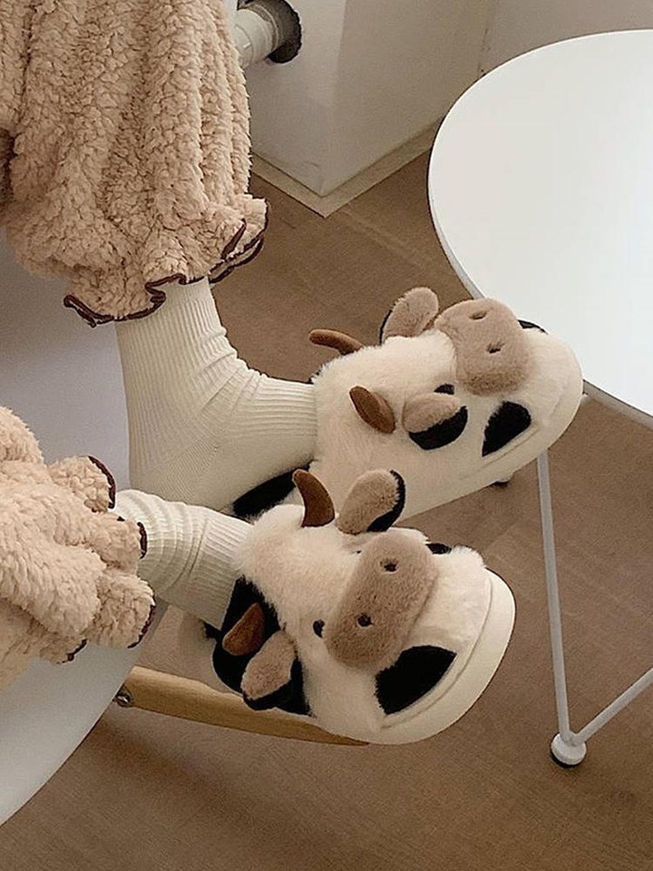 Fluffy Cow Slippers Animal Fuzzy Slides For Women Non Slip Memory Foam ...