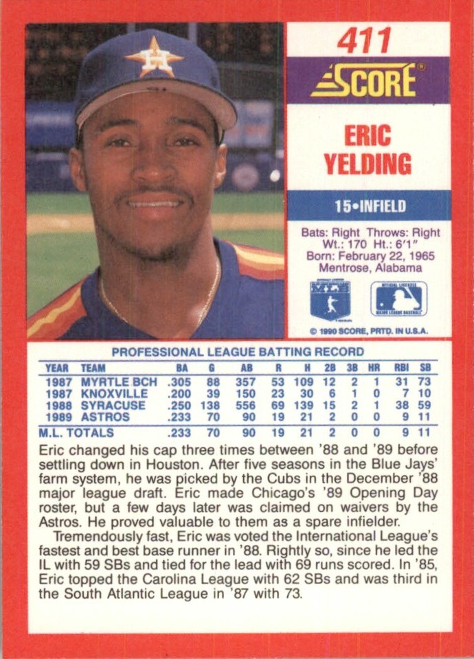 1990 Score MLB Eric Yelding #411 | eBay