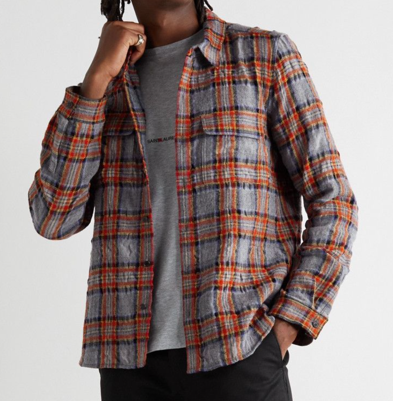 New Saint Laurent YSL Gray Red Check Print Western Crop Flannel Shirt ...