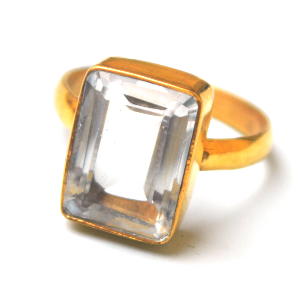 Octagon Cut Rock Crystal Gemstone 14K Yellow Gold Handcrafted Artisan ...