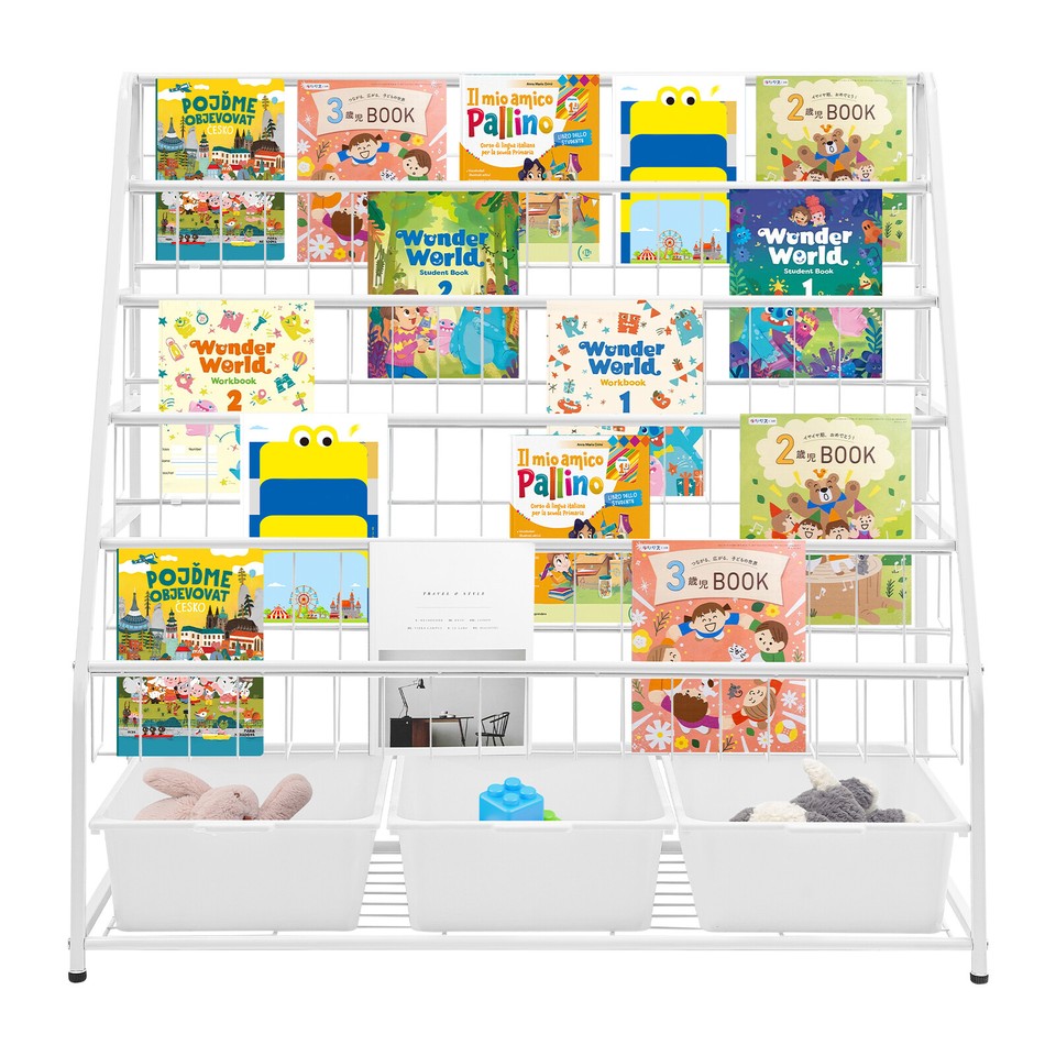 5 Tier Freestanding Kids Bookcase Metal Book Display Rack with 3 ...