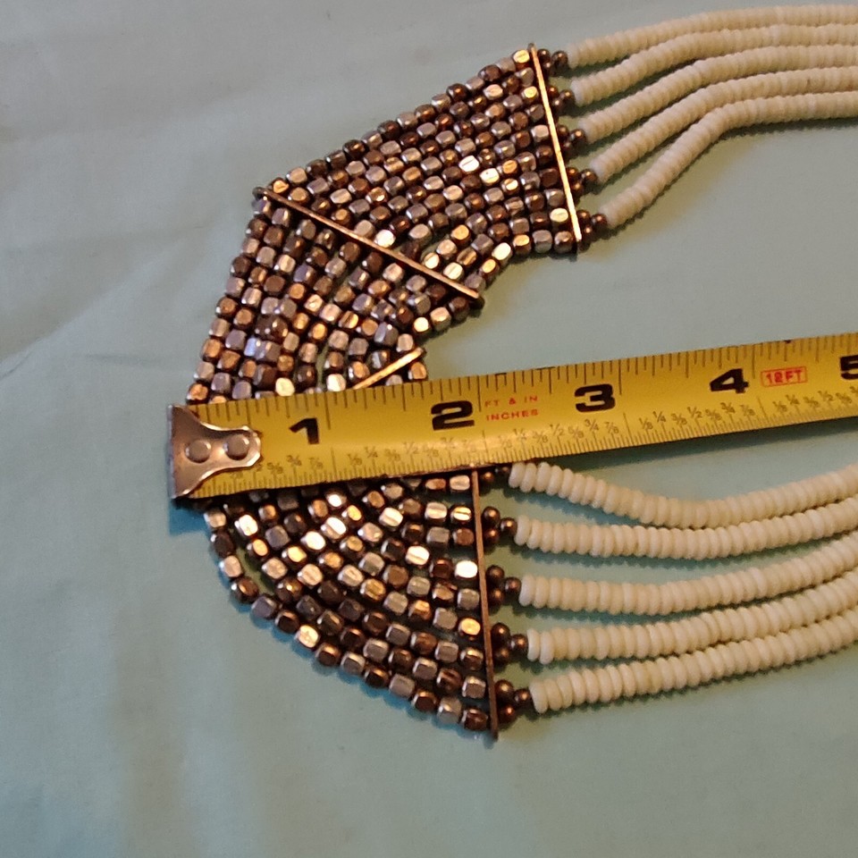 Tribal Boho Bib Necklace Brass Steel Copper Geometric Bead Multi Strand ...