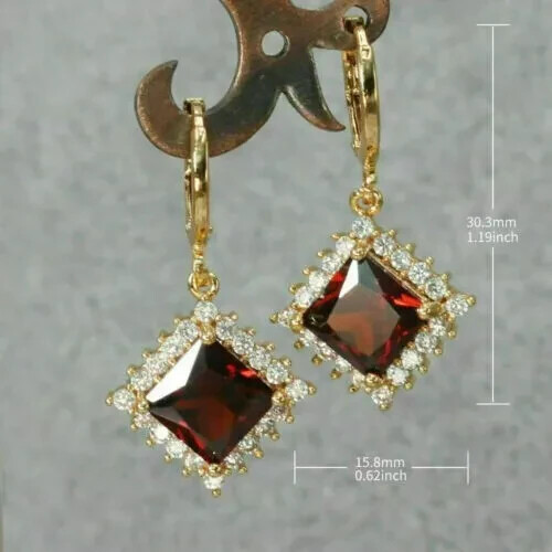 2Ct Princess Cut Red Garnet Drop/ Dangle Women's Earrings 14k Yellow ...