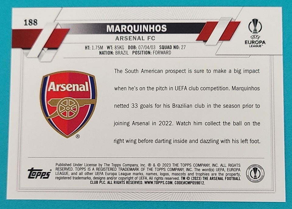 2022-23 Topps UEFA Club Comp. 1st Ed RC #188 Marquinhos Arsenal SOCCER ...