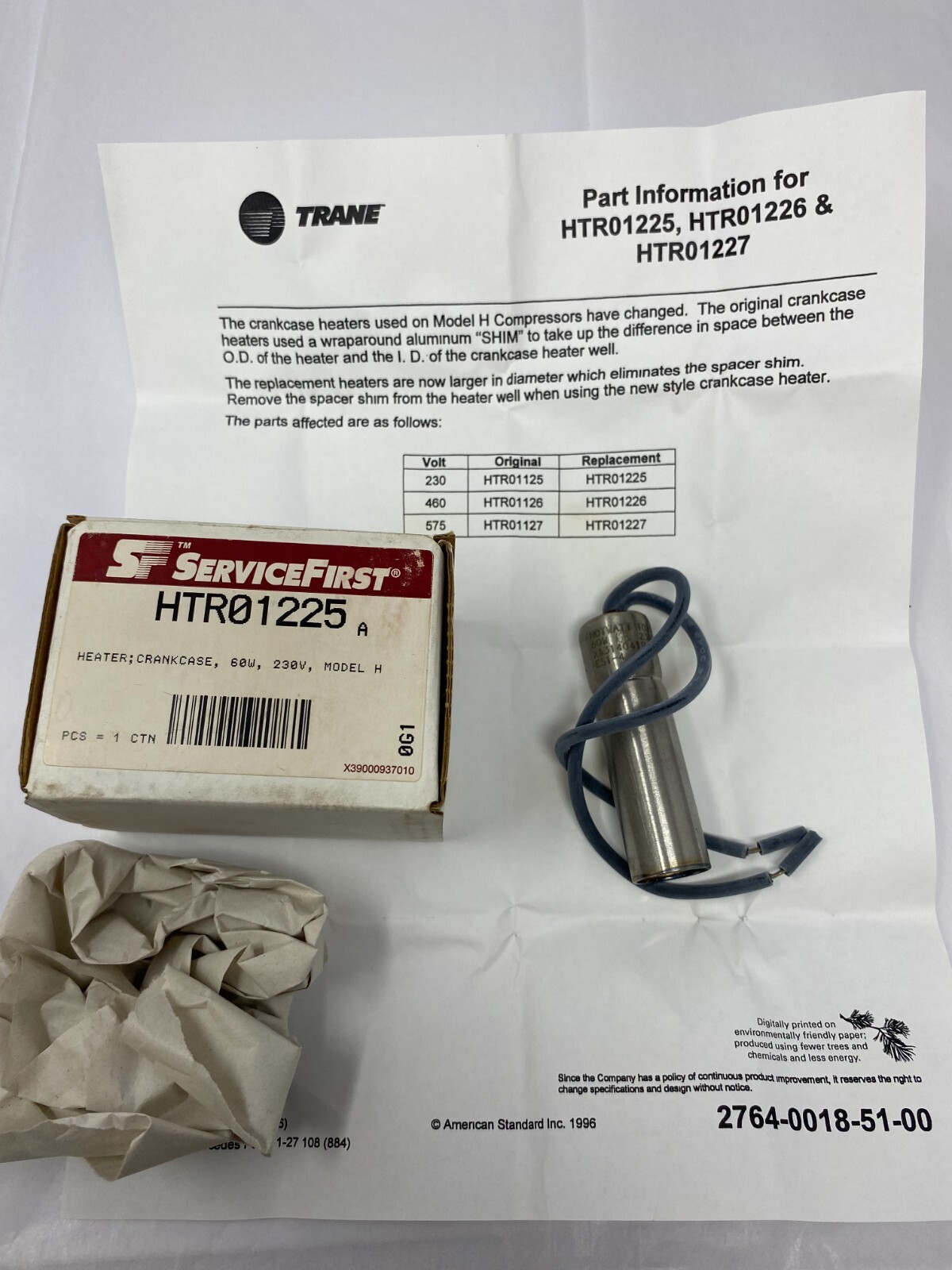 Trane HTR01225 Compressor Crankcase Heater 230 Volt 60 Watt Model H for ...