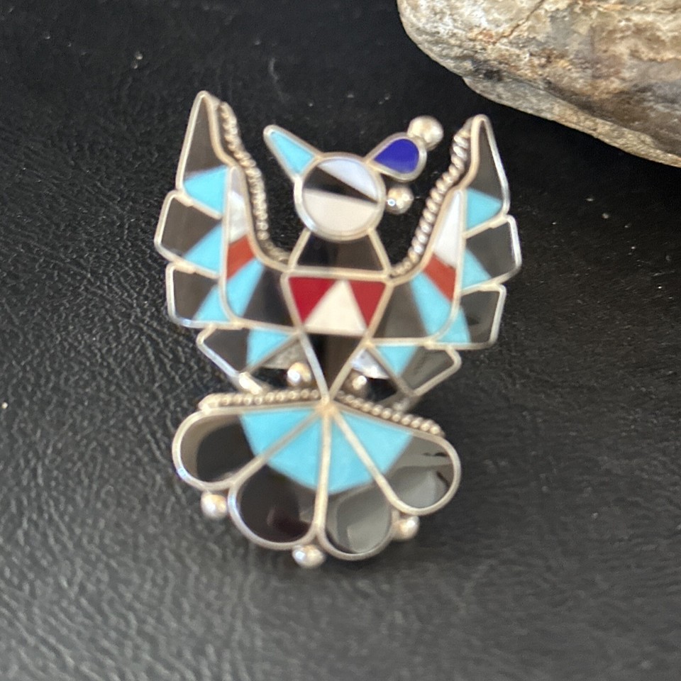 Turquoise & Onyx Peyote Bird Zuni Sterling Silver Inlay Ring Size 7.5 ...
