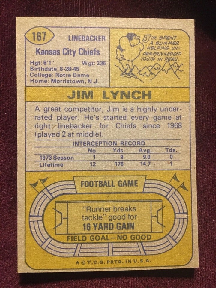 1974 Topps #167 Chiefs Jim Lynch Football Card | eBay