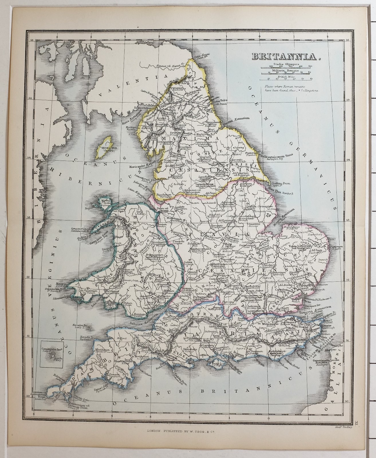 1857 ANCIENT MAP HAND COLOURED BRITANNIA BRITAIN FLAVIA CAESARIENSIS ...