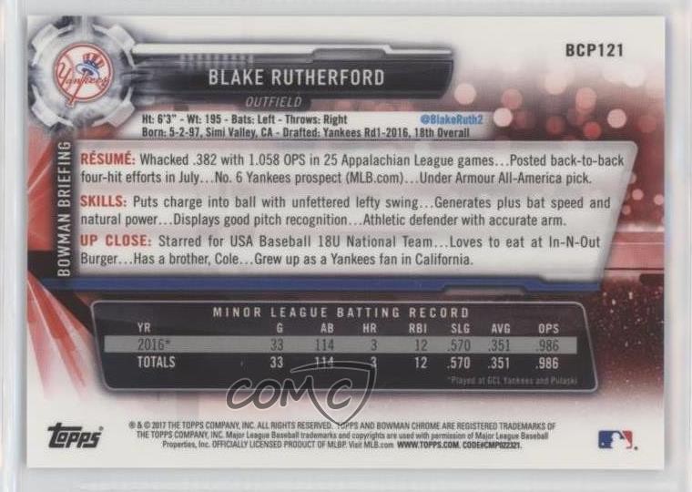 2017 Bowman Blue Refractor 70th Anniversary Blake Rutherford #BCP121 ...