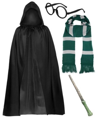 Black Hooded Cape Evil Wizard Costume Set - Scarf, Glasses, and Wand ...
