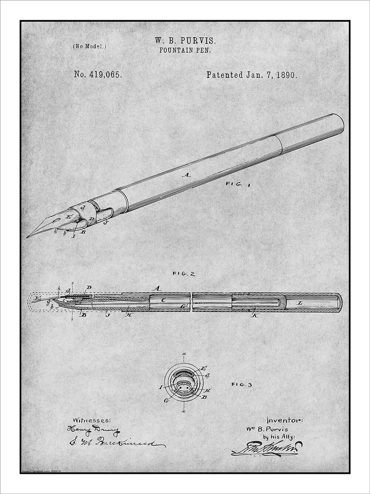 1890 W. B. Purvis Fountain Pen Patent Print Art Drawing Poster | eBay