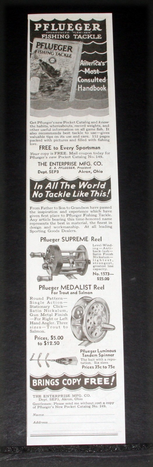 1930 OLD MAGAZINE PRINT AD, PFLUEGER FISHING TACKLE, SUPREME & MEDALIST ...