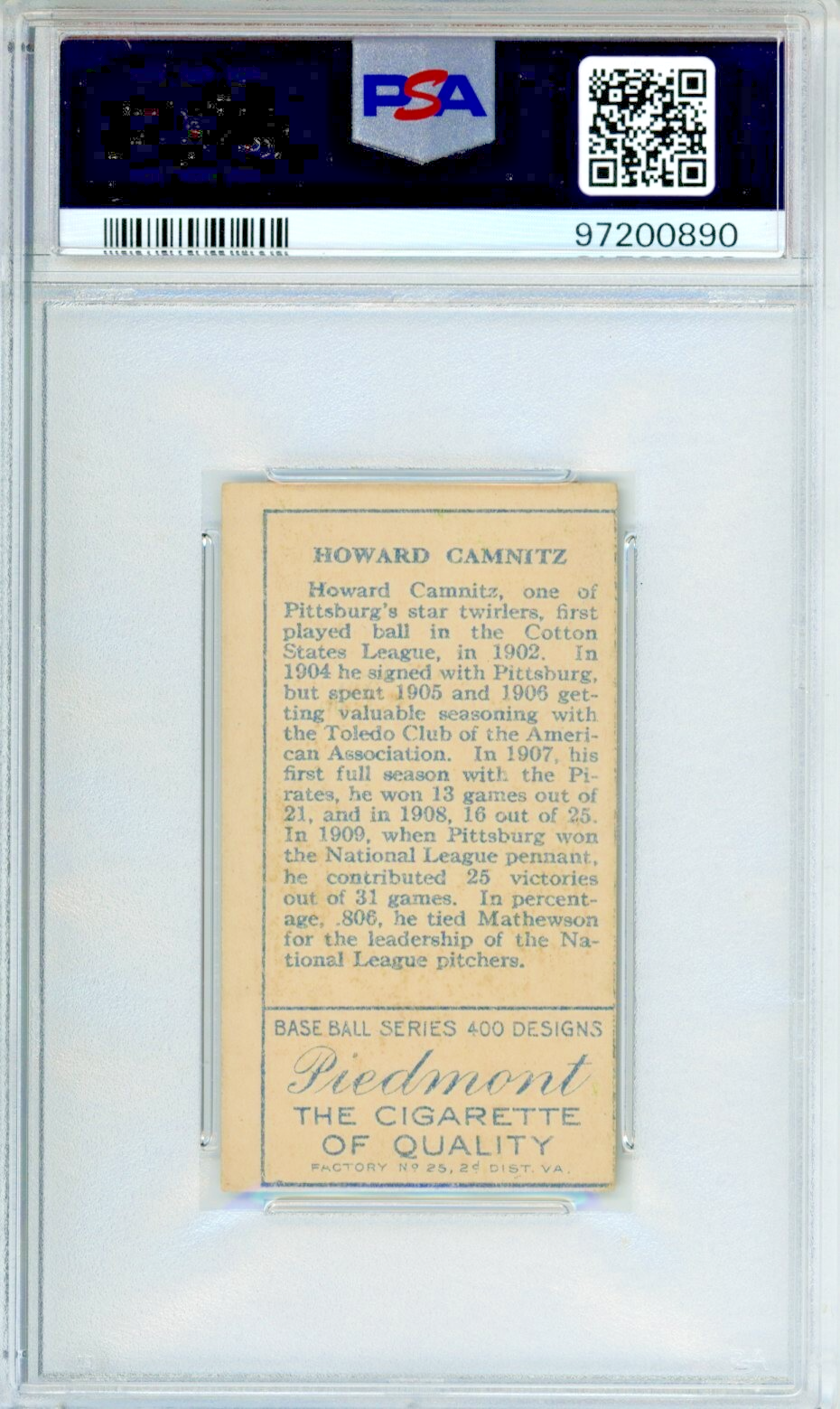 1910 T205 Gold Border Howie Camnitz baseball card, PSA graded VG-EX 4.5 ...