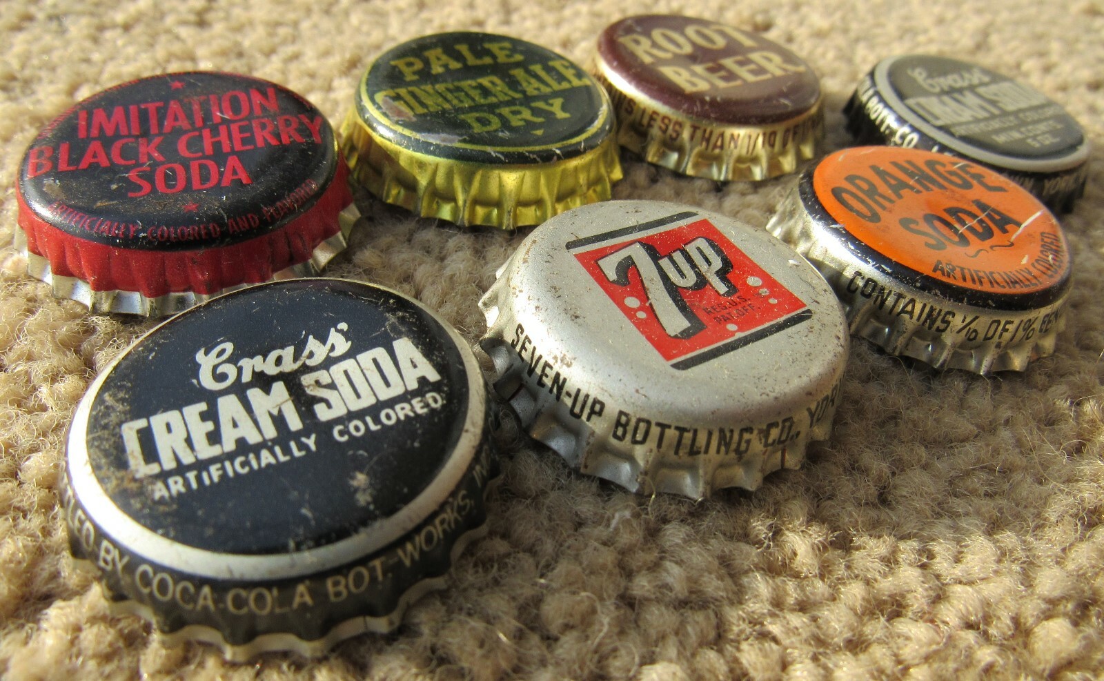 7 Different Soda Bottle Caps Crowns Cork Crass' Coca-Cola 7up Root Beer ...