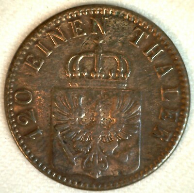 1867 A German States Prussia Copper 3 Pfennig Coin Extra Fine Circ ...
